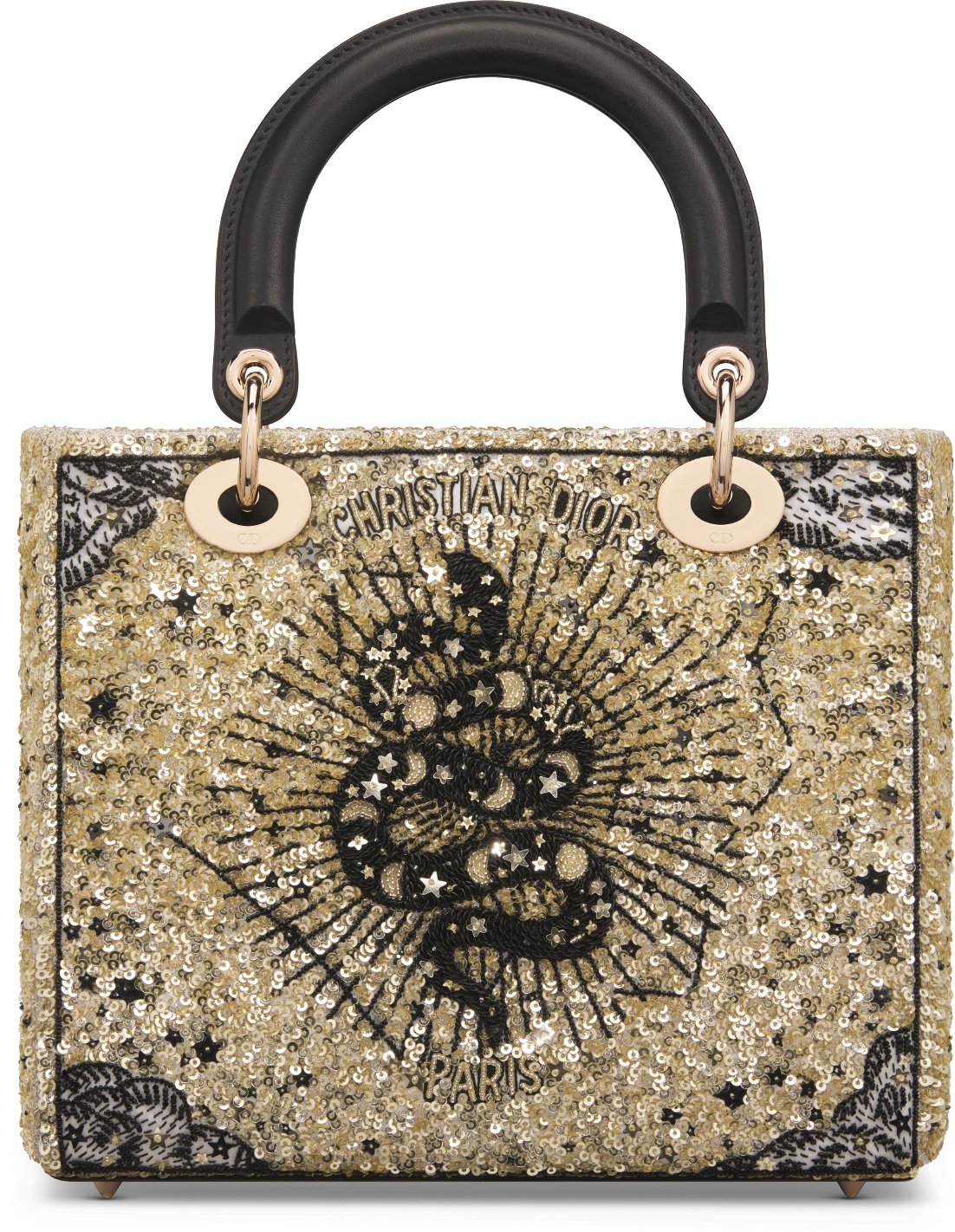 Medium Lady Dior Bag Calfskin Embroidered with Black and Gold-Tone ...