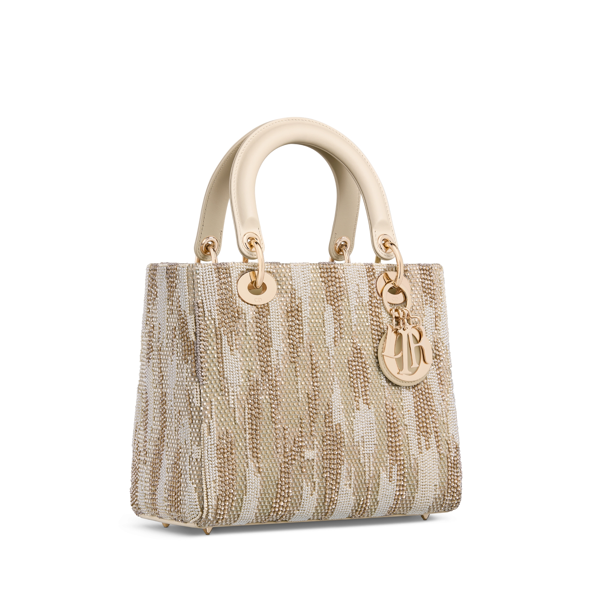 Medium Lady Dior Bag Latte Satin Embroidered with White and Gold-Tone ...