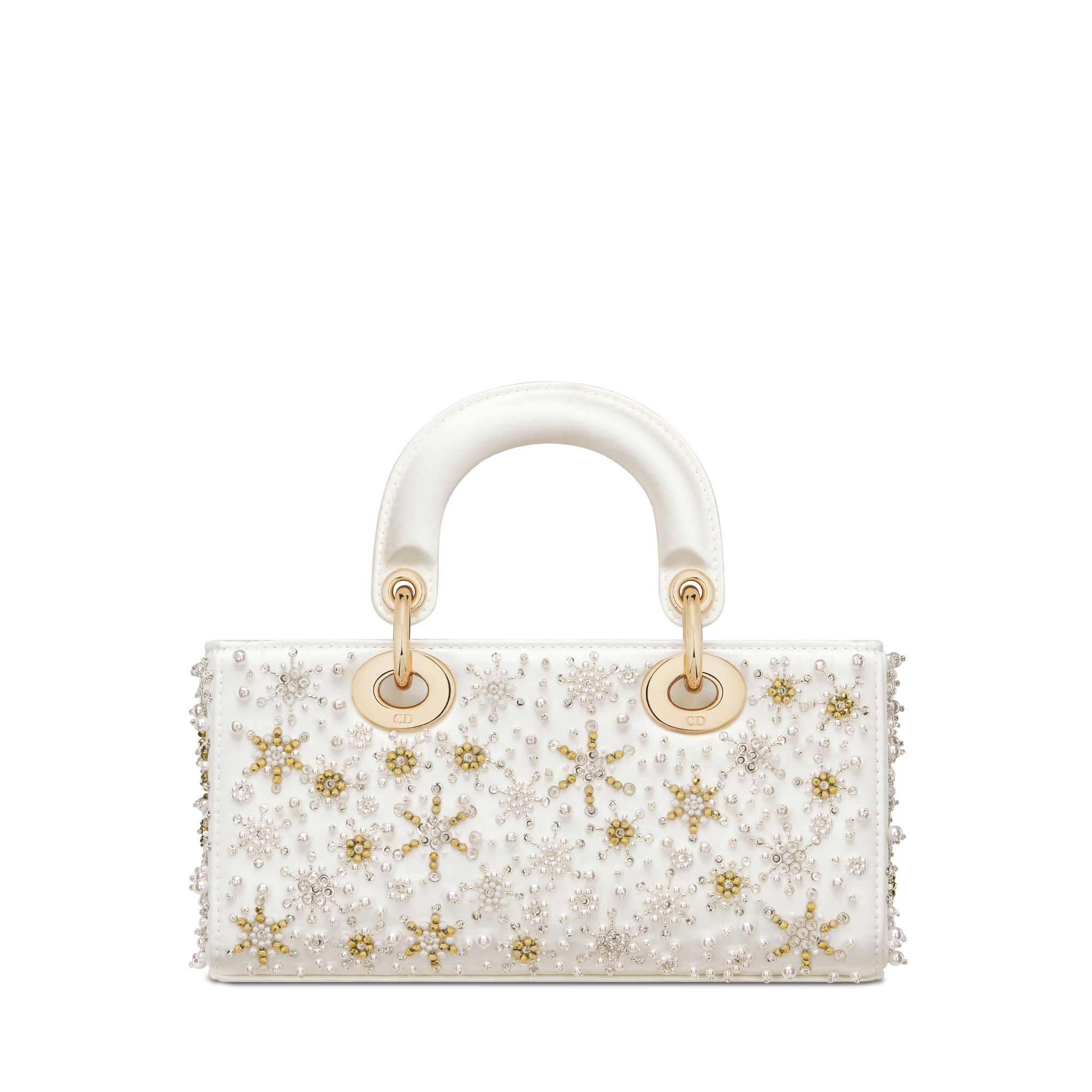 Small Lady D-Joy Bag Latte Satin Embroidered with White Resin Pearls | DIOR