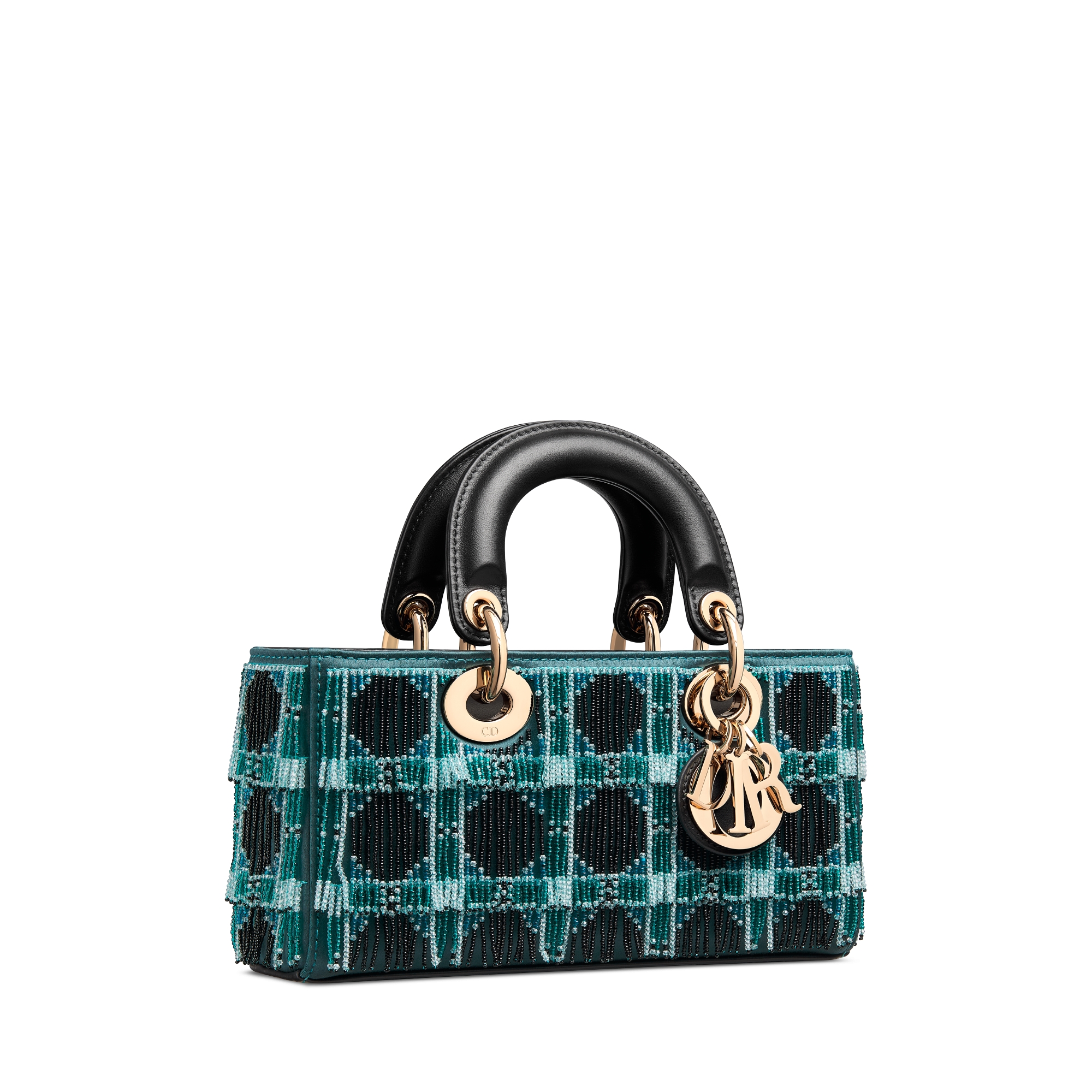 Small Lady D-Joy Bag Black Satin Embroidered with Green and Black ...