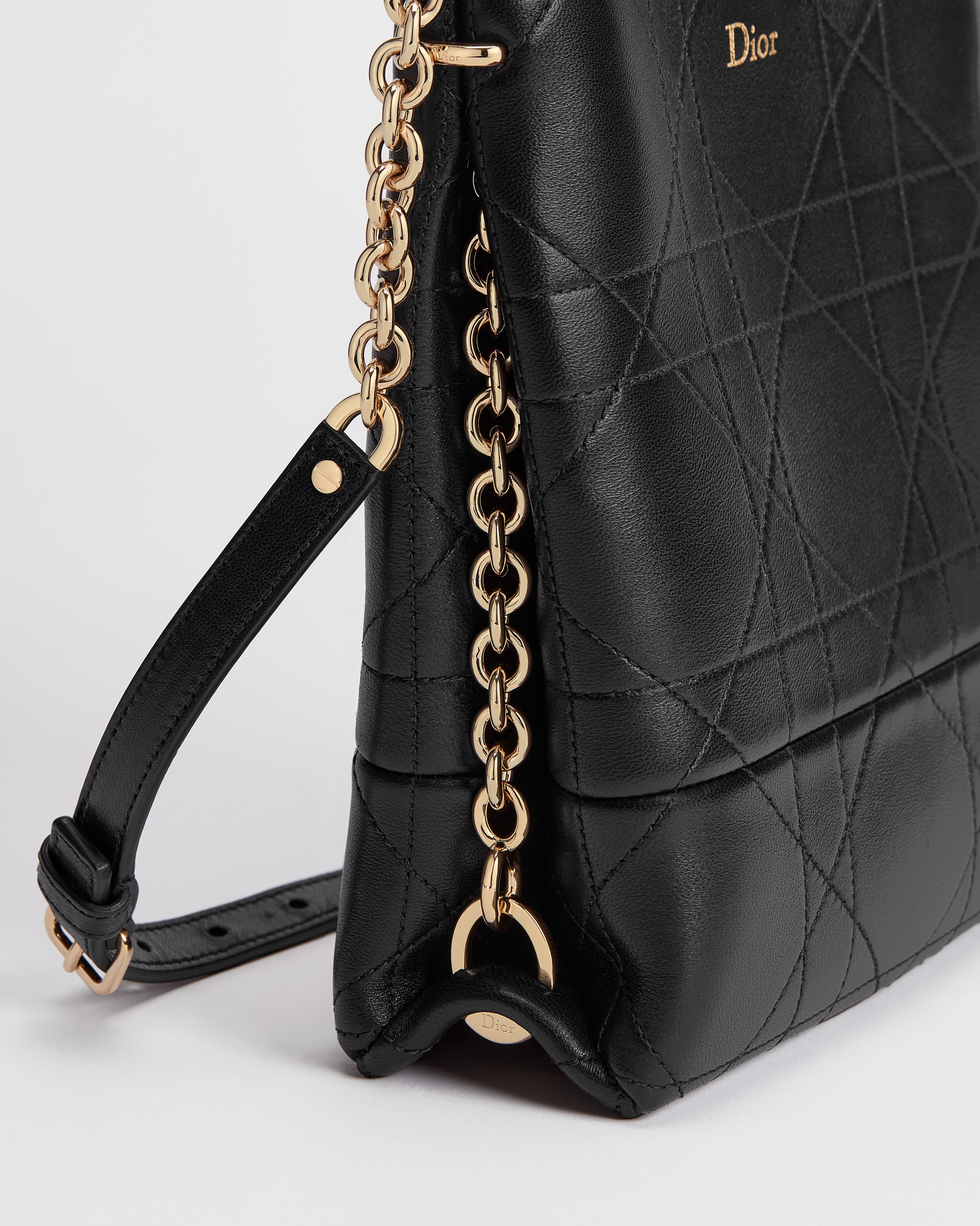 Small Vertical Dior Trianon Bag with Chain Black Flat Macrocannage ...