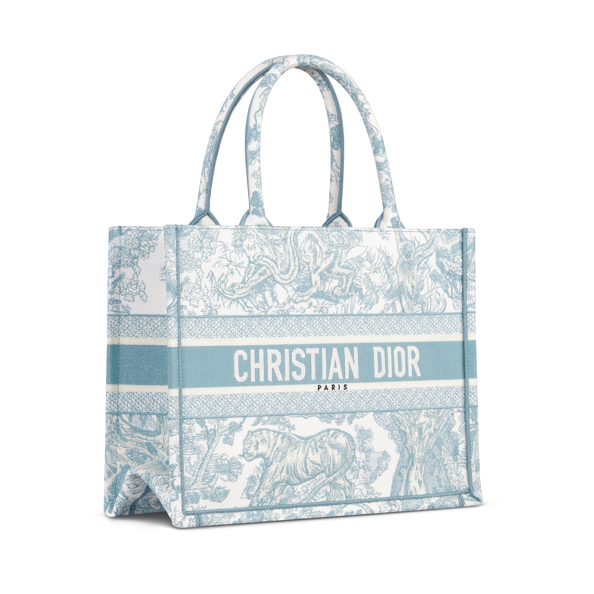 Dior Book Tote mediano Bordado Toile de Jouy Sauvage blanco y azul ...