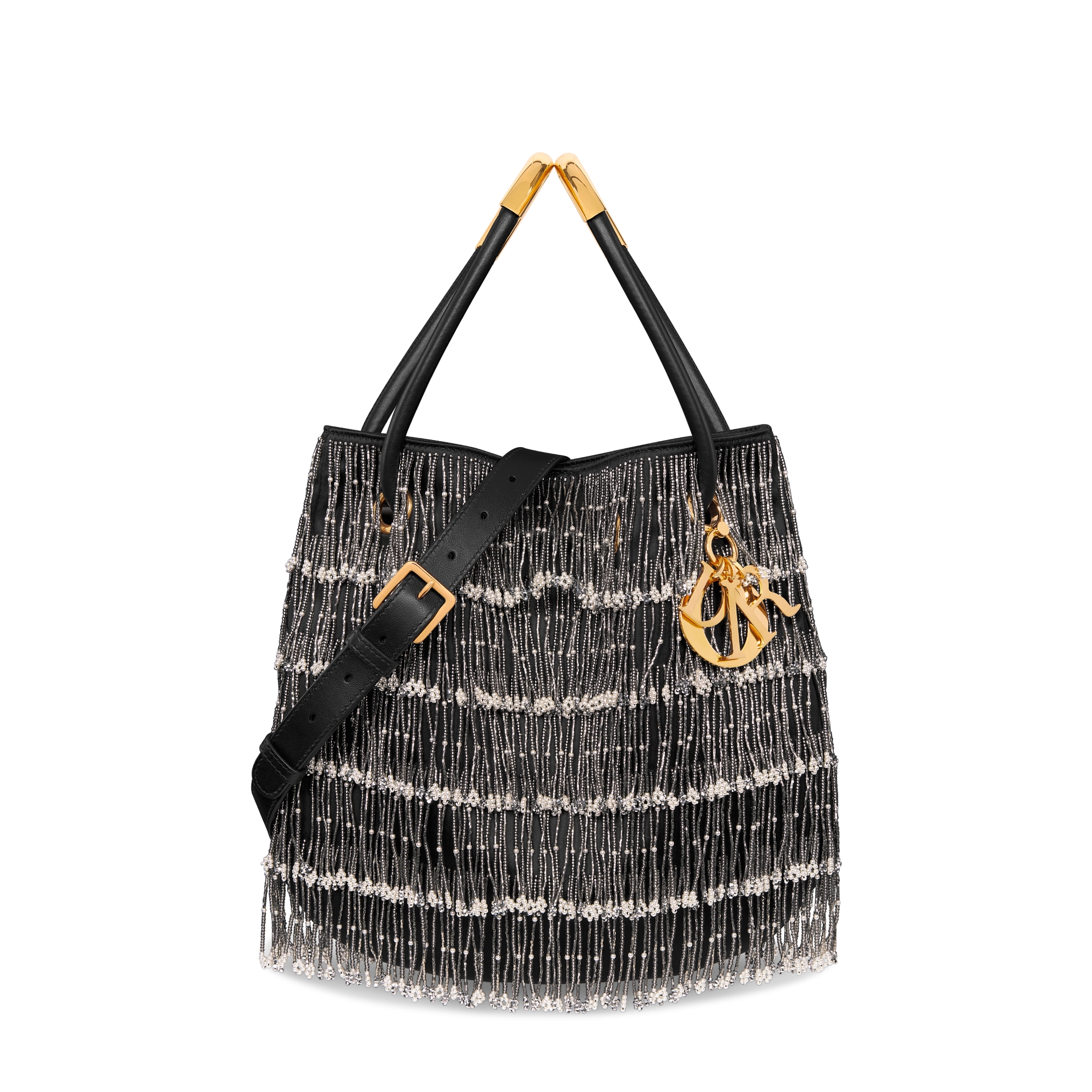 Medium Dior Nolita Bag Black Satin with Fringe in Silver-Tone Beads and Strass | DIOR