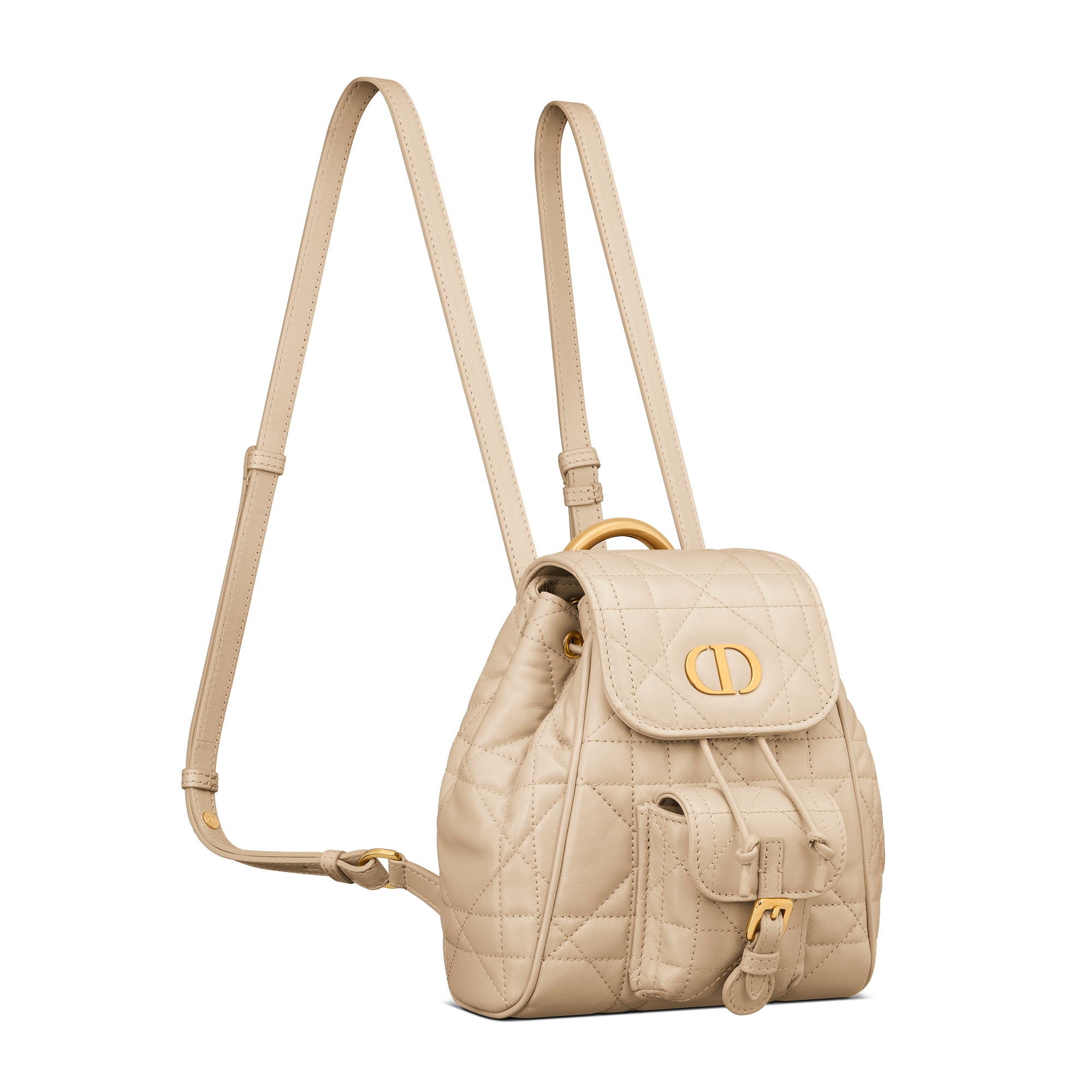 Small Dior Caro Backpack Powder Beige Macrocannage Lambskin | DIOR