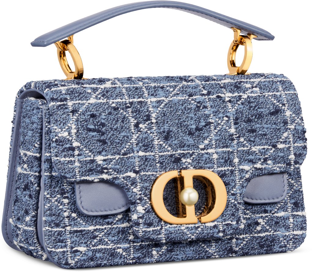 Mini Dior Jolie Top Handle-tas Denimblauw tweed met wit Cannage-motief ...