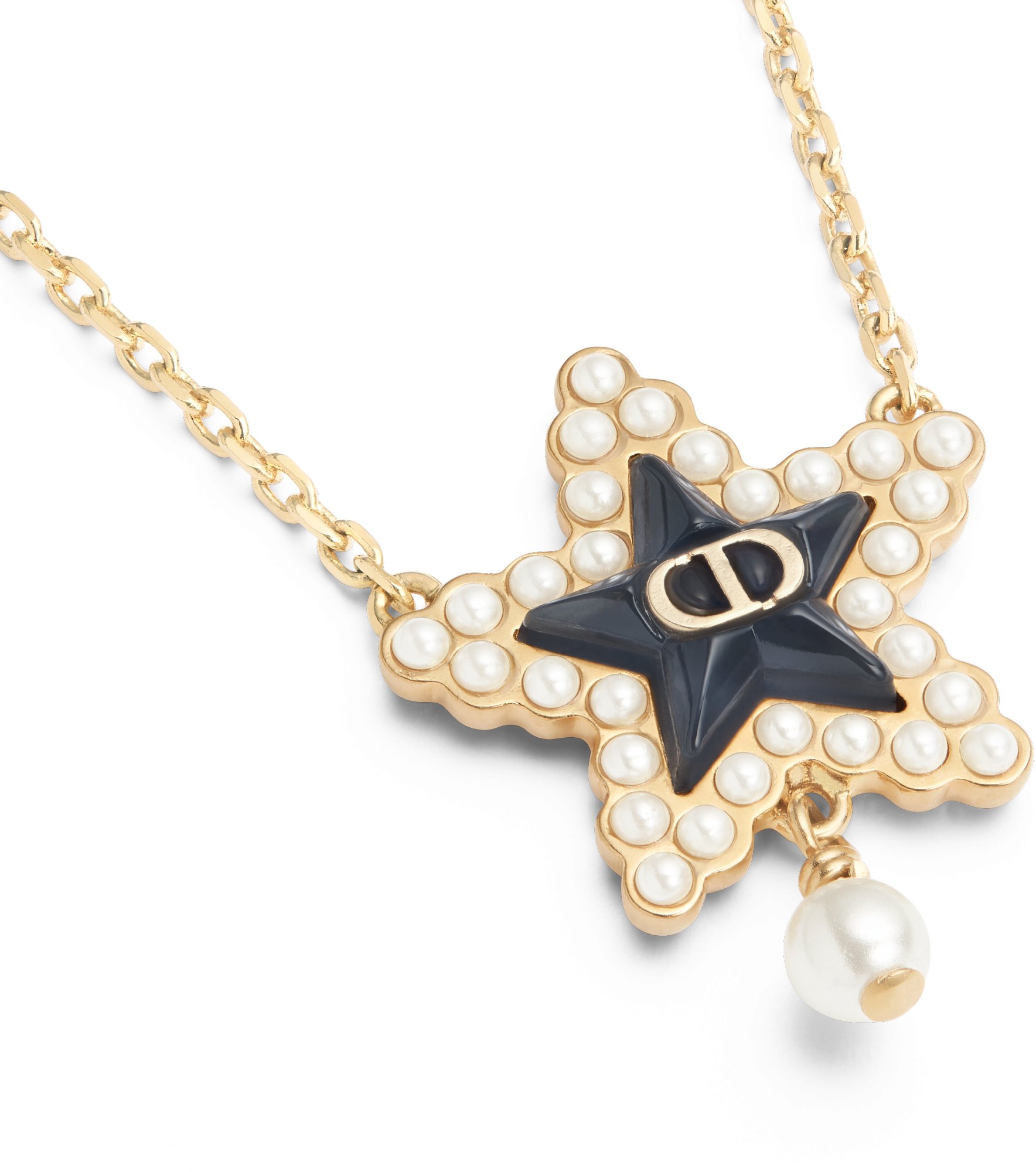 Petit CD Lucky Baroque Necklace Gold-Finish Metal with White Resin Pearls and Deep Ocean Blue ...