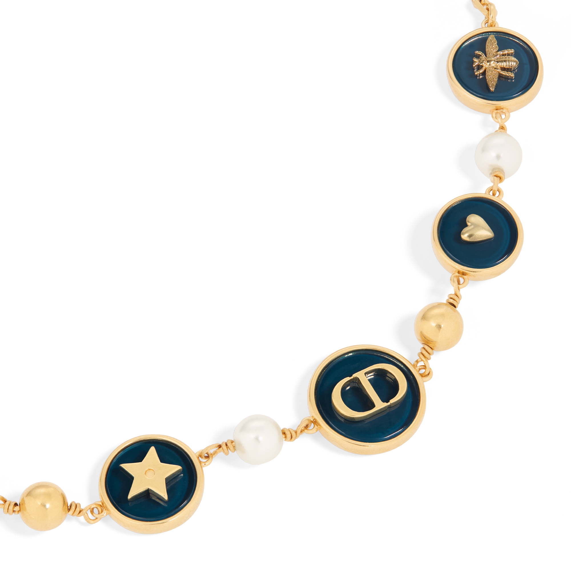 D-Luck Necklace Gold-Finish Metal with White Resin Pearls and Navy Blue ...