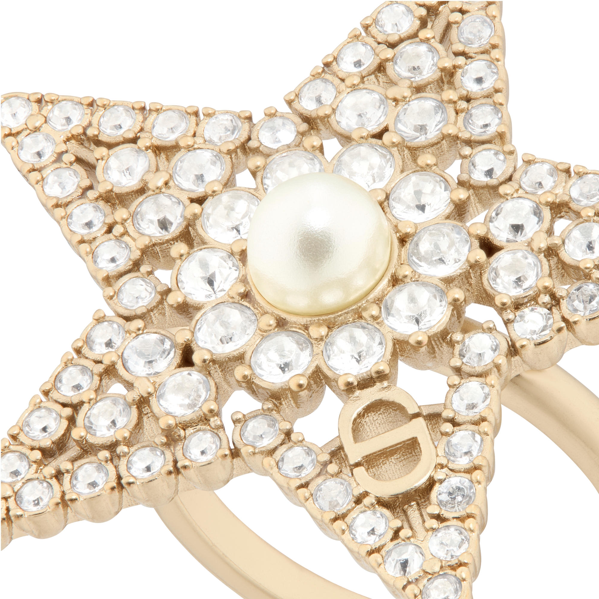 Anello Nuit Étoilée Metallo con finitura color oro pallido, perla in resina bianca e cristalli ...