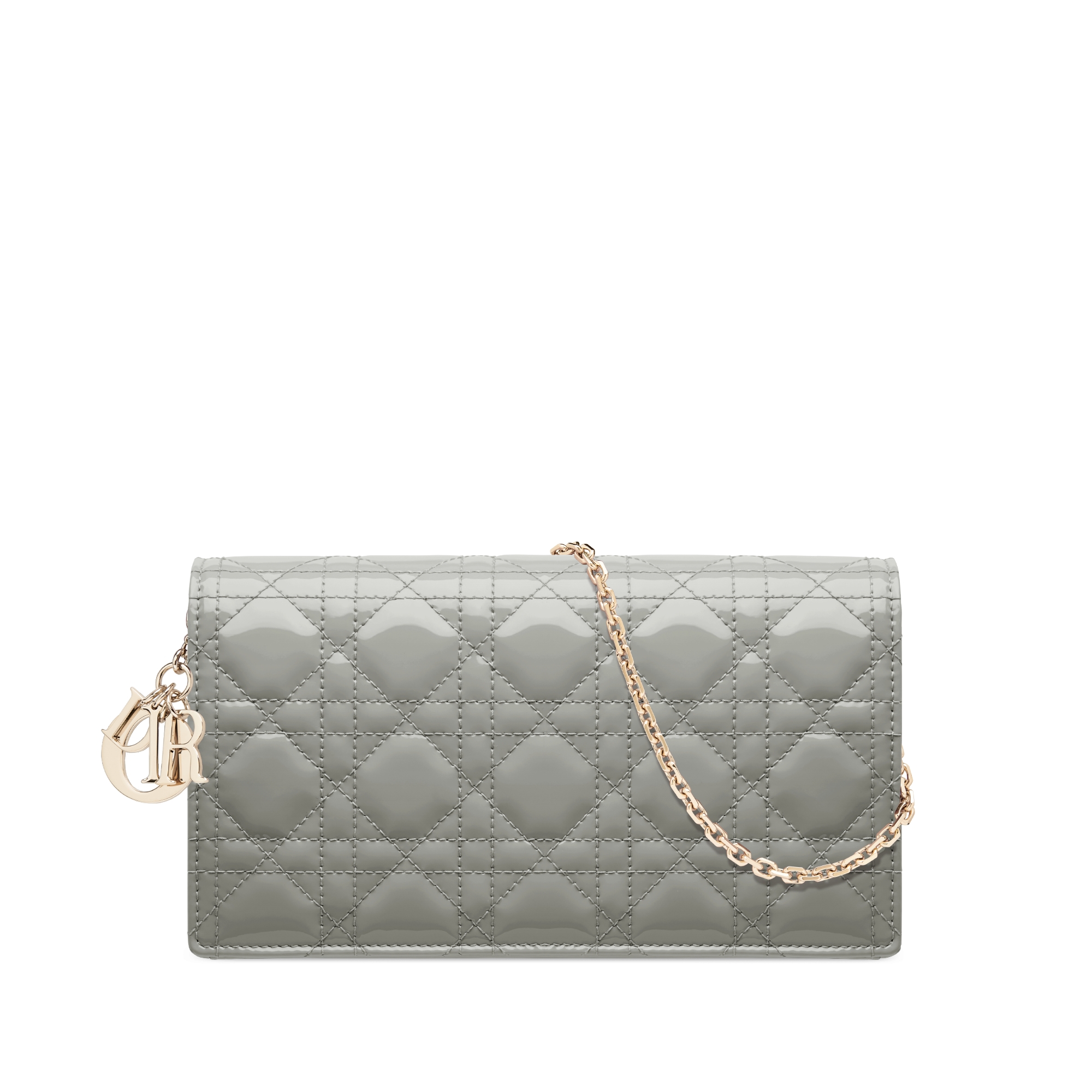 Lady Dior Pouch with Chain Stone Gray Patent Cannage Calfskin | DIOR