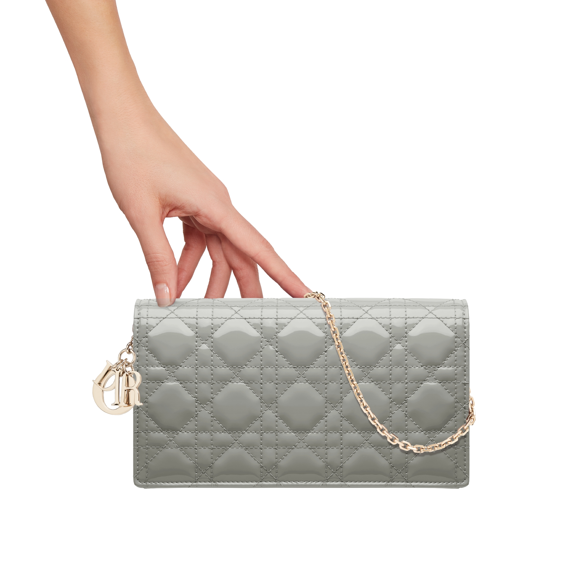 Lady Dior Pouch with Chain Stone Gray Patent Cannage Calfskin | DIOR