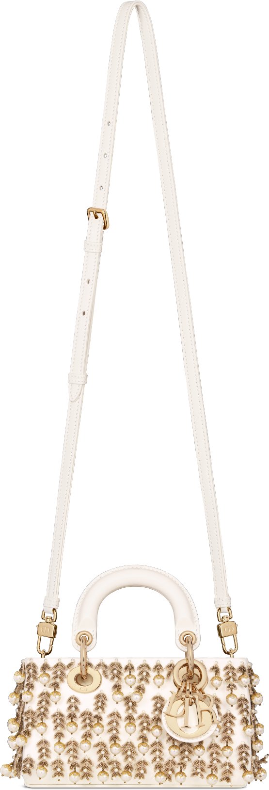 Lady D-Joy Micro Bag Latte Satin Embroidered with White Resin Pearls ...