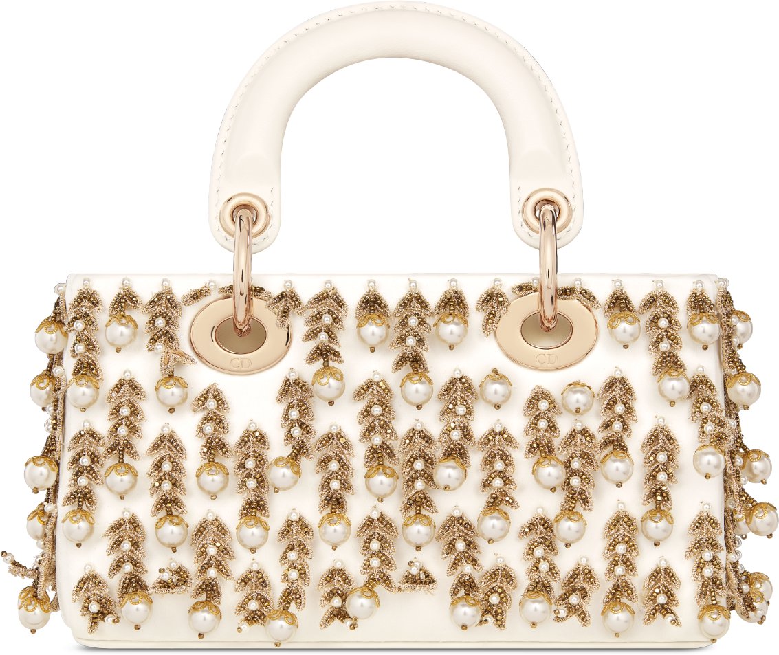 Lady D-Joy 마이크로 백 라떼 새틴 & 화이트 레진 진주, 골드 톤 메탈릭 스레드 자수 | DIOR