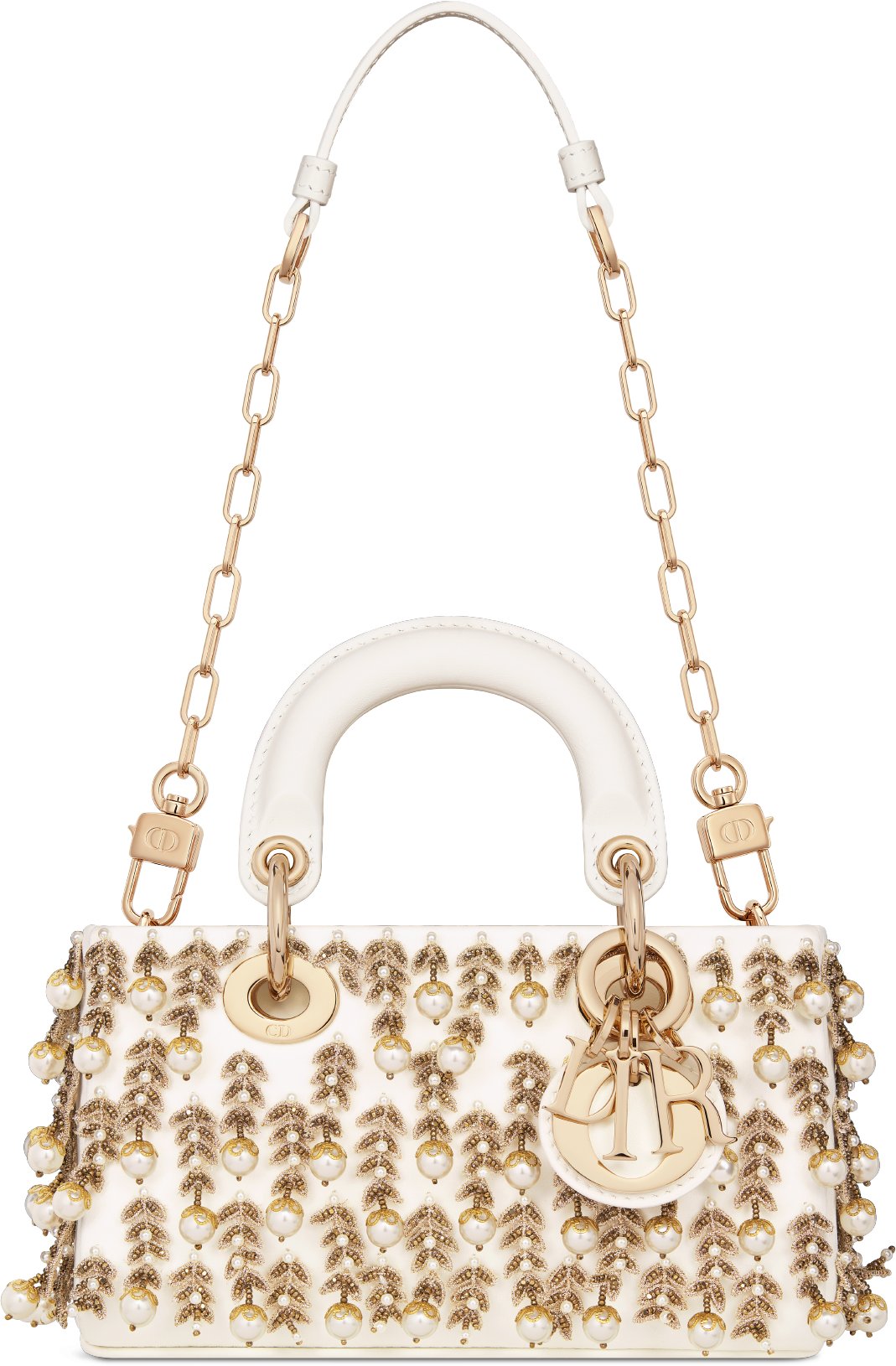 Lady D-Joy 마이크로 백 라떼 새틴 & 화이트 레진 진주, 골드 톤 메탈릭 스레드 자수 | DIOR