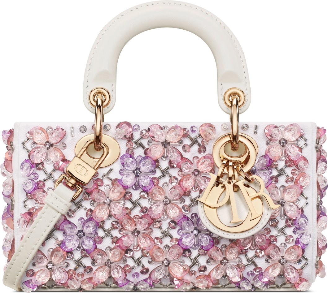 Microbolso Lady D-Joy Piel de becerro blanca con bordado floral rosa y ...