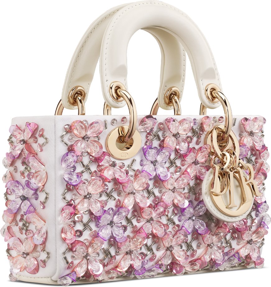 Lady D-Joy Micro Bag White Calfskin with Pink Floral Embroidery and ...