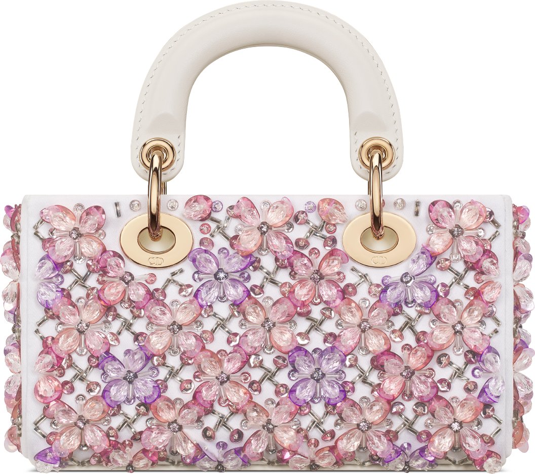 Lady D-Joy Micro Bag White Calfskin with Pink Floral Embroidery and ...