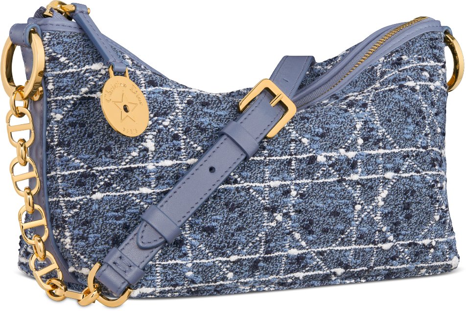 กระเป๋าโฮโบ Diorstar พร้อมสายโซ่ ผ้าทวีดสีน้ำเงินเดนิมแต่งลวดลาย ...