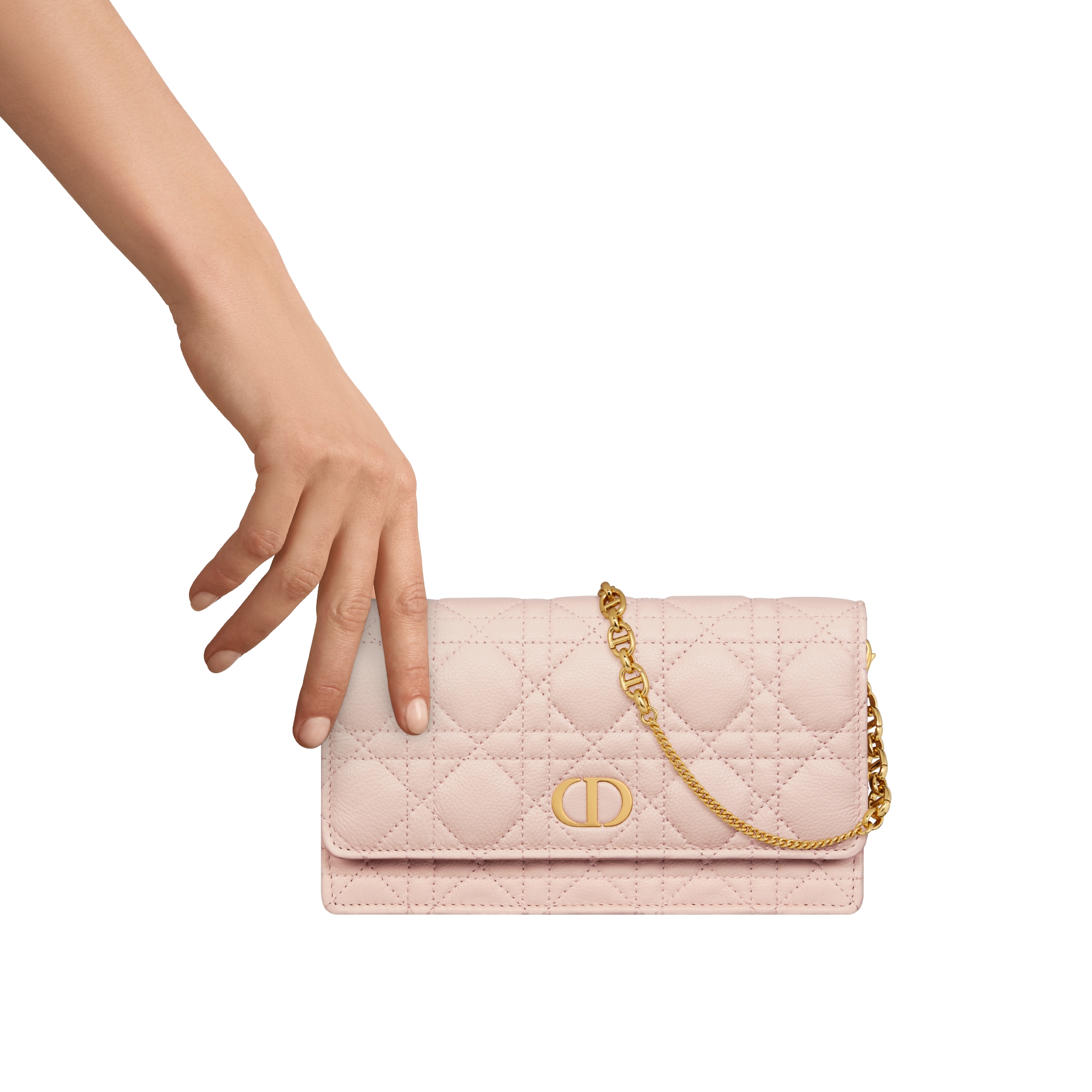 Dior Caro Pouch with Chain Powder Pink Supple Cannage Calfskin | DIOR
