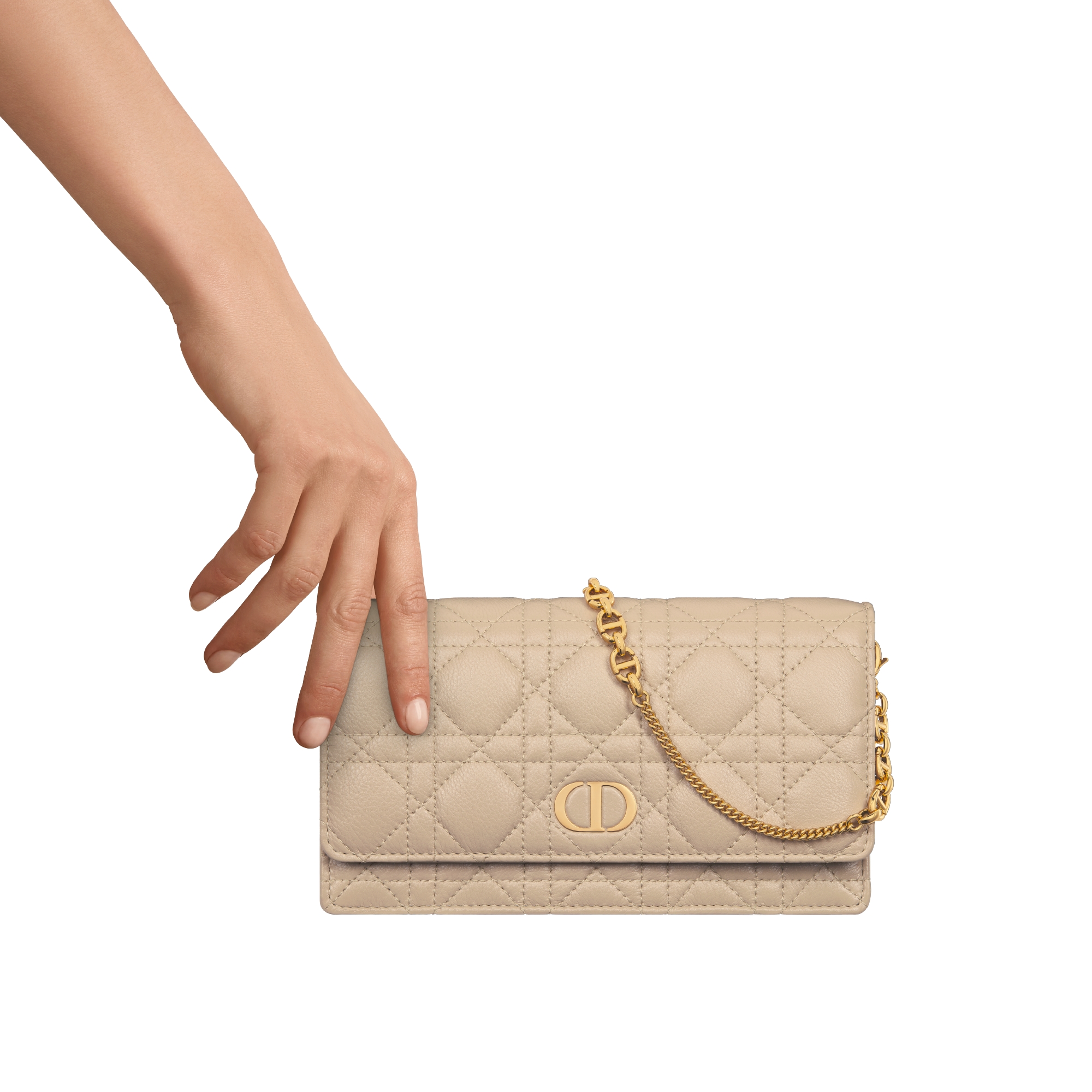 Dior Caro Pouch with Chain Powder Beige Supple Cannage Calfskin | DIOR