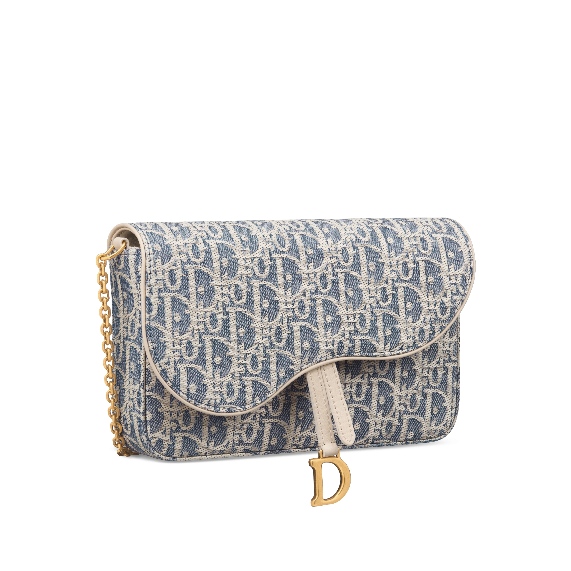 Medium Saddle Pouch with Chain Blue Dior Oblique Chambray with Raffia ...