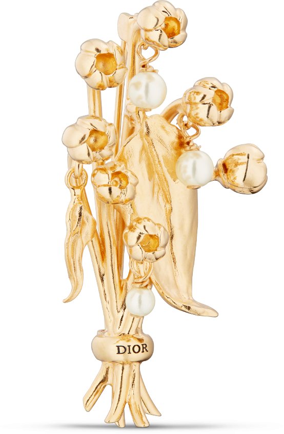 Dior Lily Garden Brooch Gold-Finish Metal and White Resin Pearls | DIOR