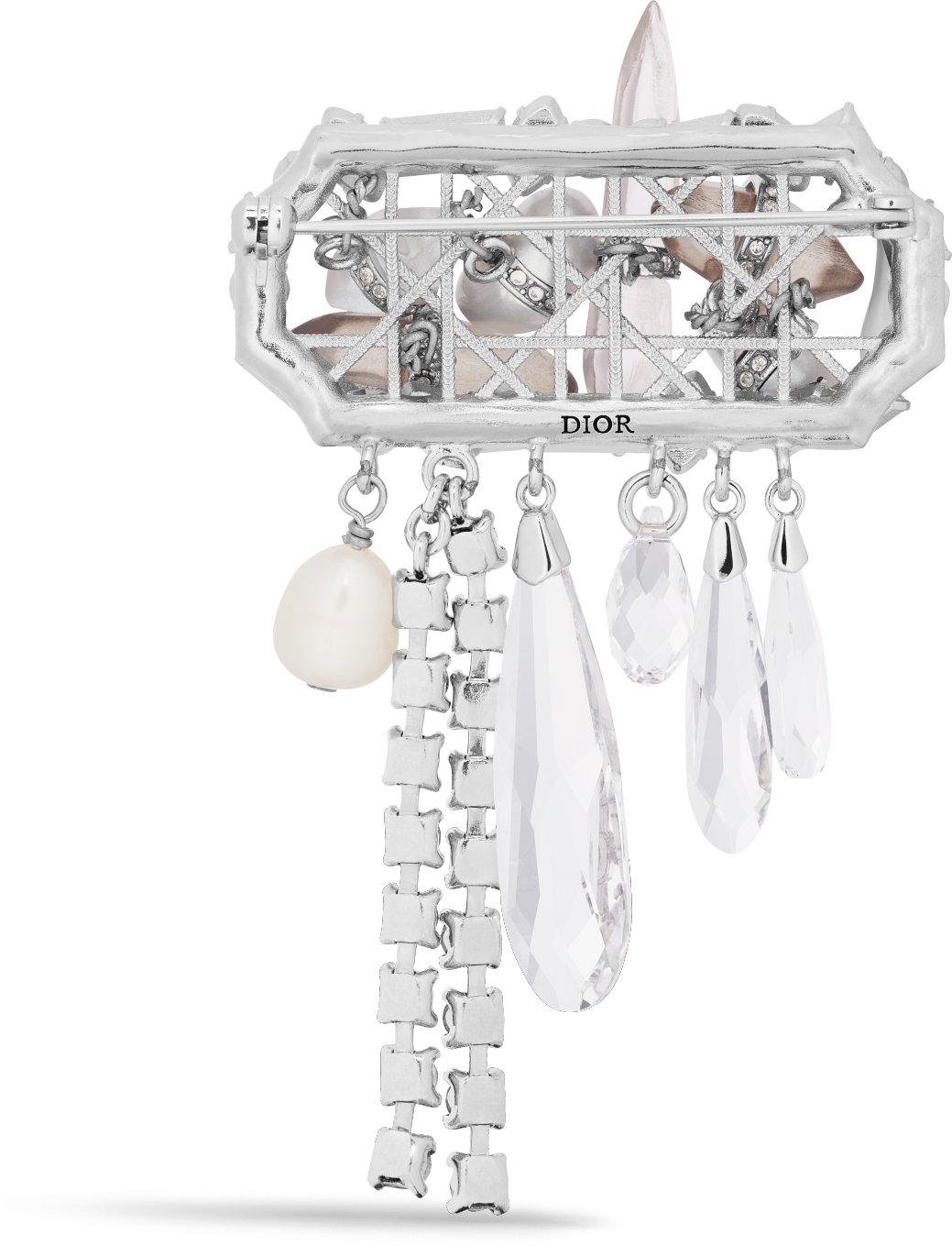 Baroque 브로치 화이트 And 그레이 레진 진주 크리스탈 화이트 라인스톤 실버 피니시 브라스 Dior