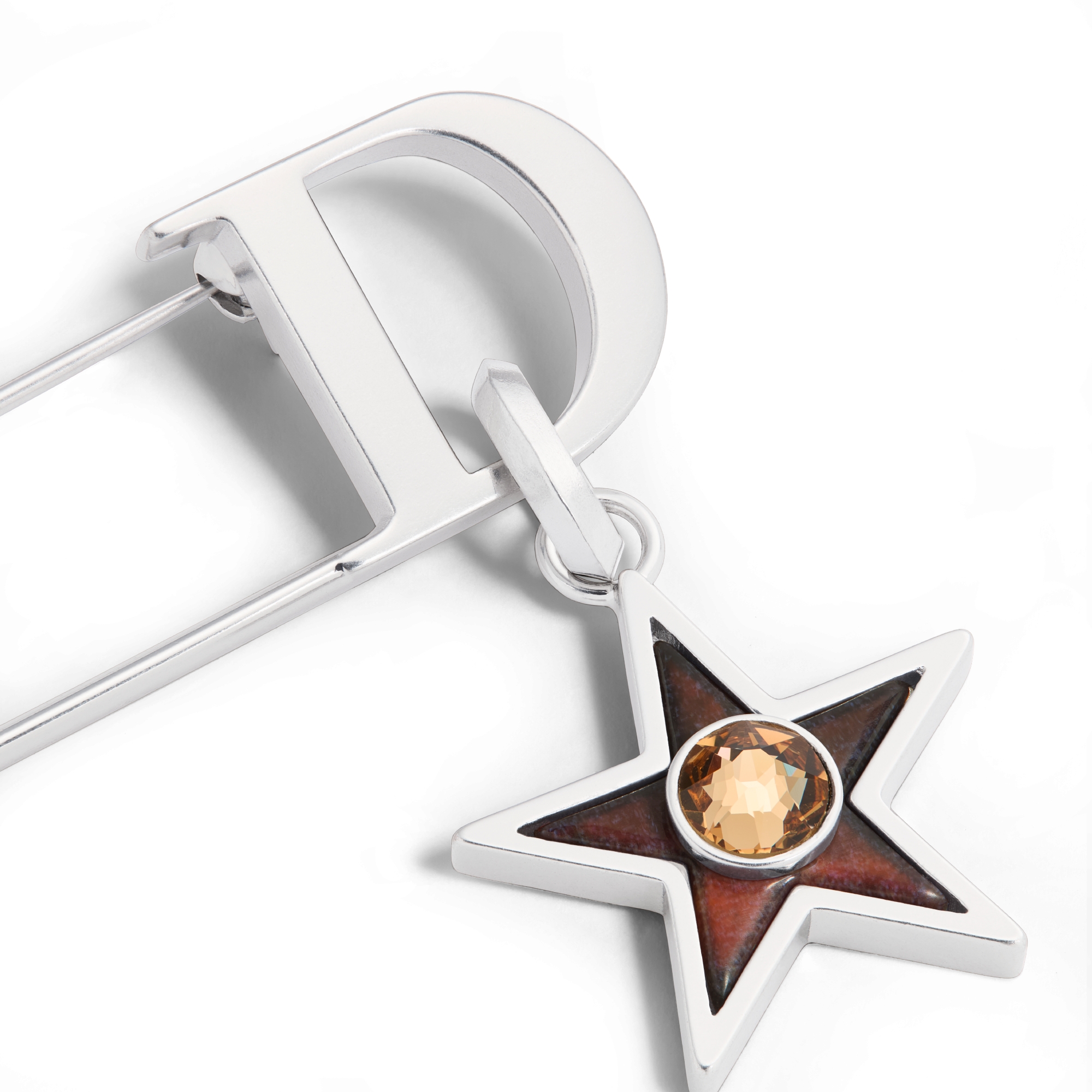 Broche CD Icon Laiton argenté, résine et cristal marron | DIOR